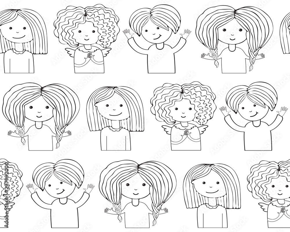 Seamless pattern funny girls smiling. Continuous line, drawing of cute ...