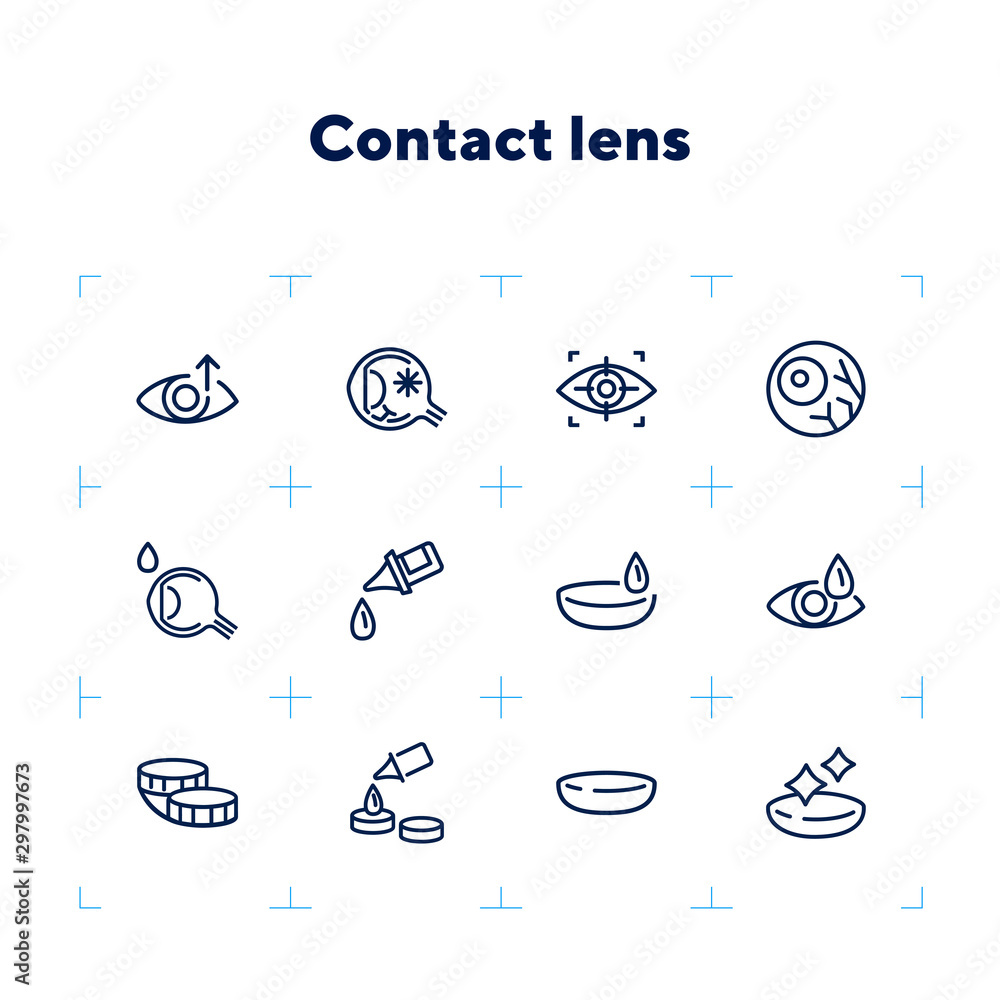 Contact lens icons. Contact solution, eye drops, eyeball. Eyesight ...