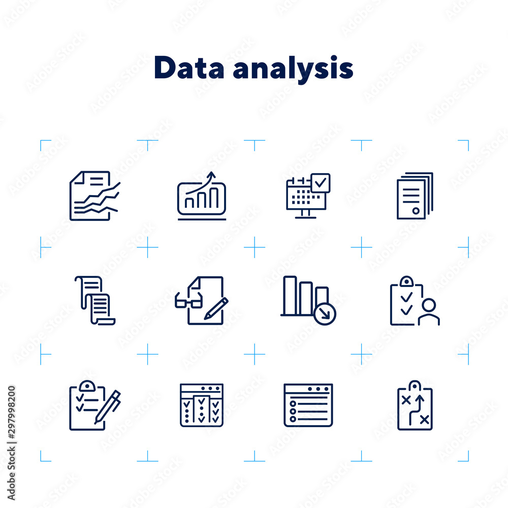Data analysis icons. Set of line icons on white background. Data, analytics, report. Work ...