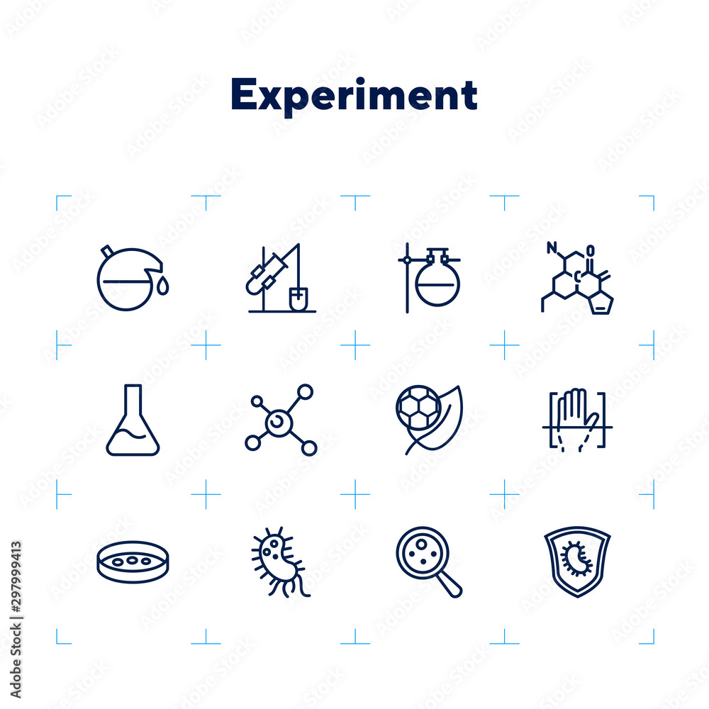 Experiment line icon set. Beakers, molecule structure, bacteria ...