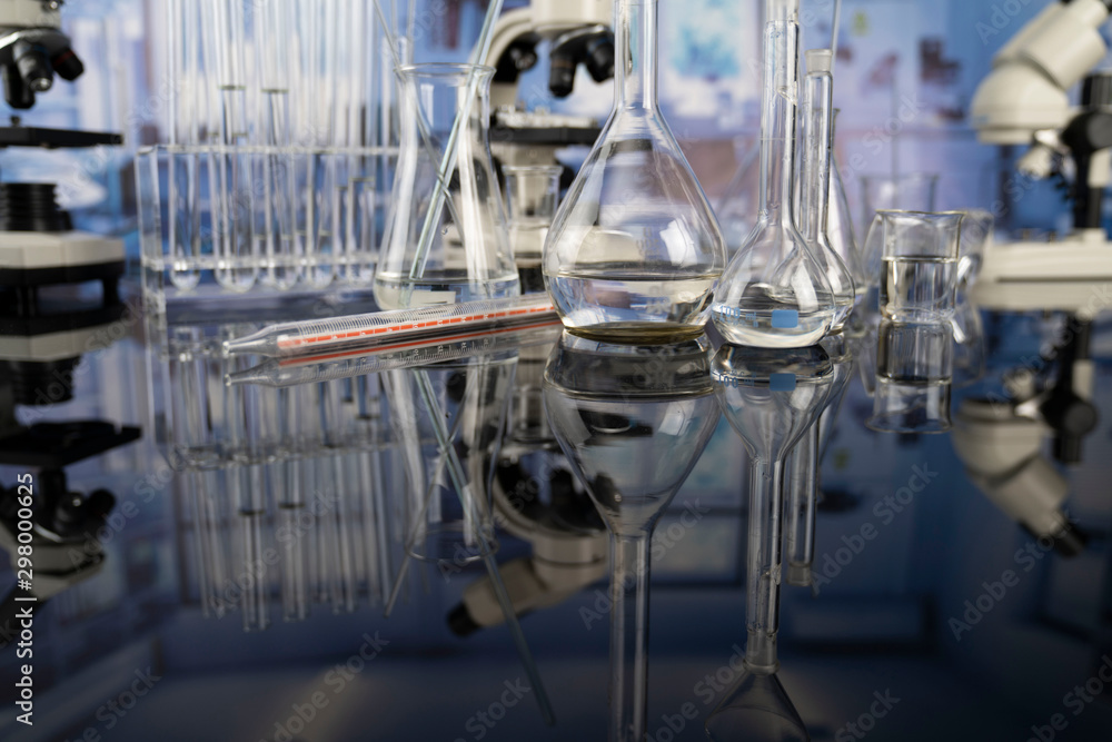 Modern scientific laboratory interior. Laboratory glassware and ...