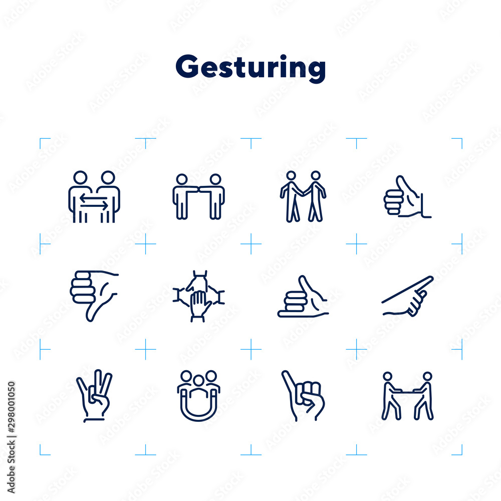Gesturing line icon set. Handshake, like, thumb down. Body language ...