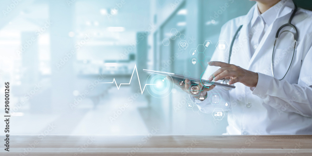 Healthcare and technology, Doctor using digital tablet with icon ...