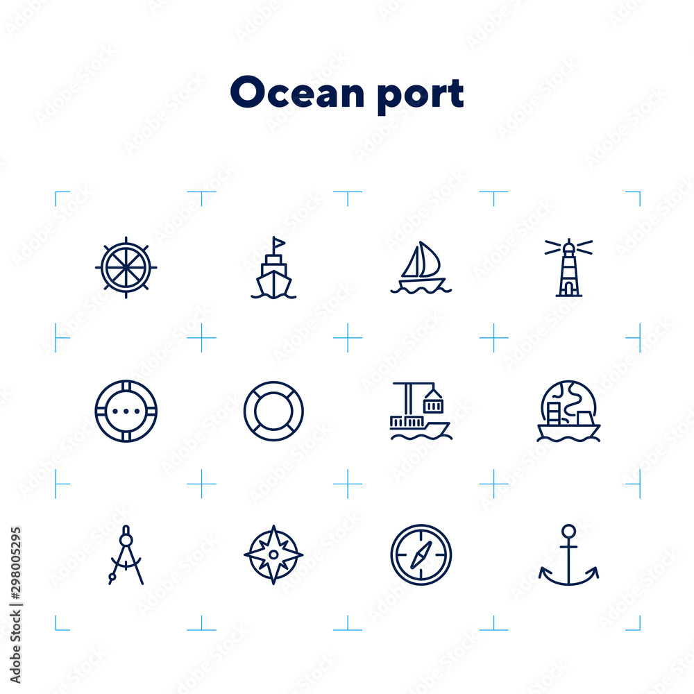 Ocean port line icon set. Boat, ship, lighthouse, compass. Marine ...