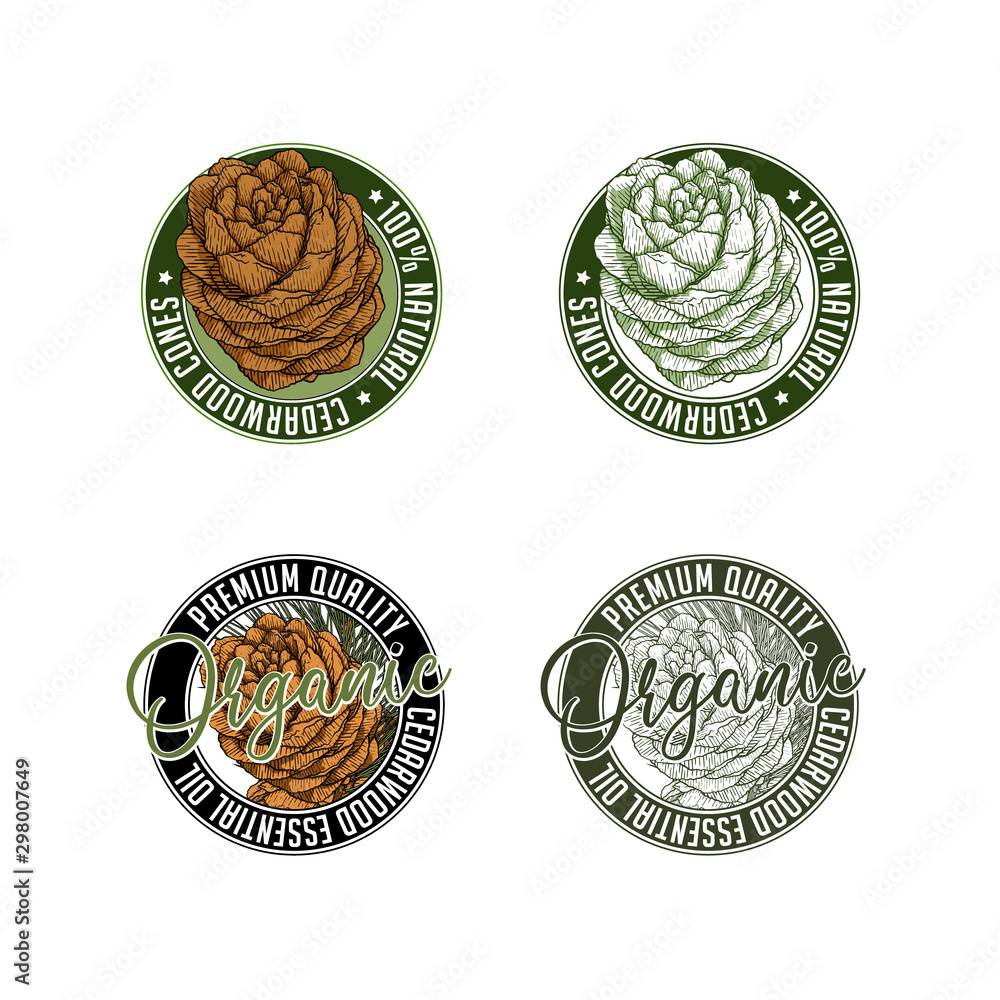 Cedarwood badge stamp label design set. Illustration of cedar cone with ...