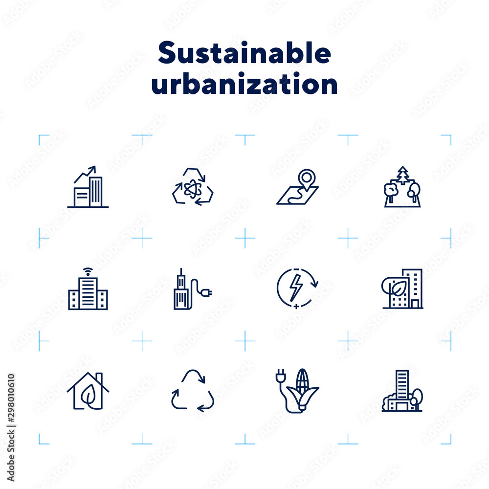 Sustainable urbanization icon set. Line icons collection on white ...