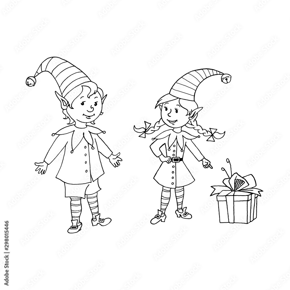 Cute little Christmas Elf Boy girl. New year Xmas characters. Hand ...