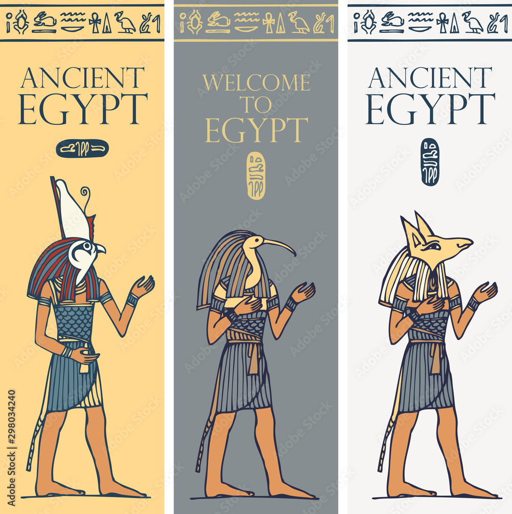 Set of vector banners with Egyptian gods and deities - Horus, Thoth ...