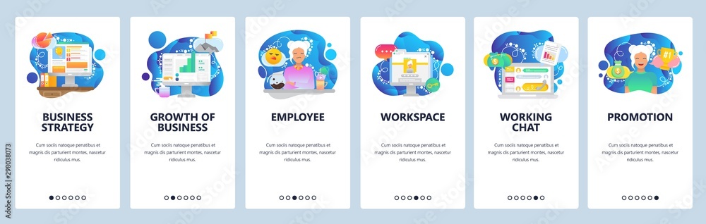 Mobile app onboarding screens. Business plan, financial chart ...