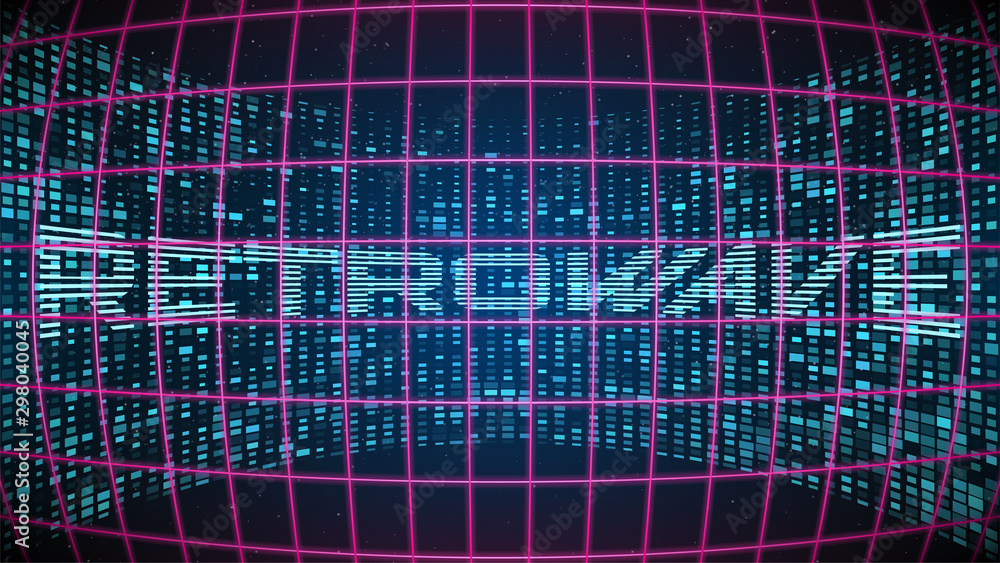 Retrowave music style banner. 3d glowing wall with neon text on it and ...