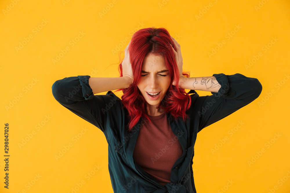 Image of attractive annoyed woman shouting and grabbing her head Stock ...