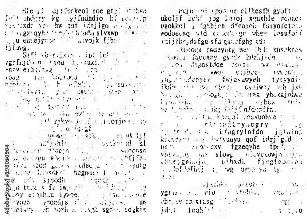 Grunge printed text two columns on white background. Black and white ...