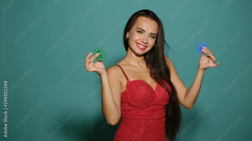 Vídeo Do Stock Girl With Long Hair Wearing In Sexy Red Dress She Is 0705