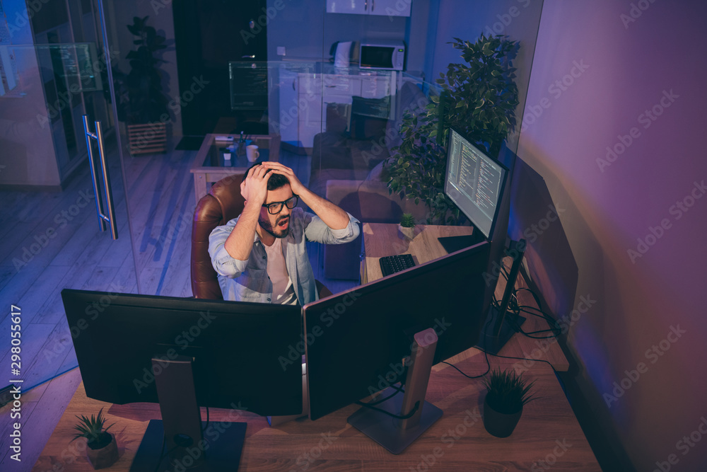 Oh no. Hign angle view photo of it specialist loser guy sitting chair ...