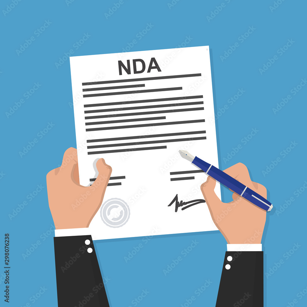 Agreement document. Signing NDA with pen. Vector illustration in flat ...