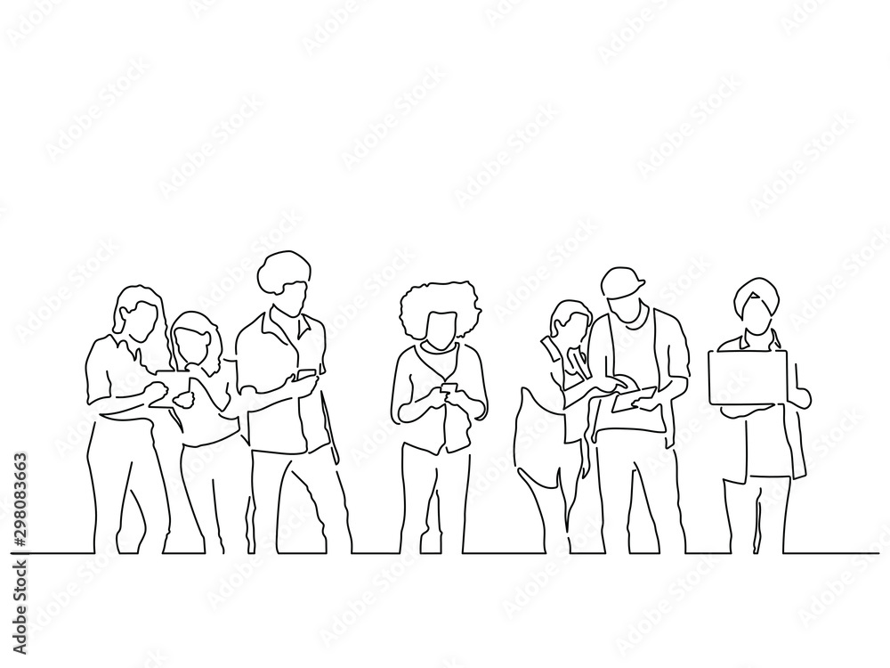 People using technology isolated line drawing, vector illustration ...