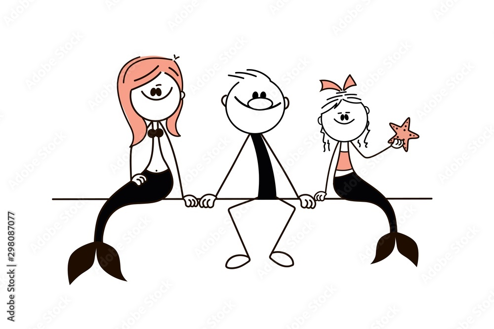 Doodle stick figure: Two mermaids and Man are sitting on the beach ...