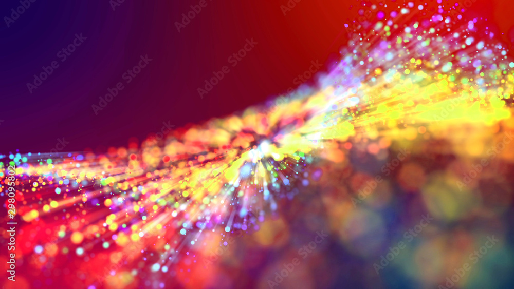 Abstract explosion of multicolored shiny particles or light rays like laser show. 3d render ...