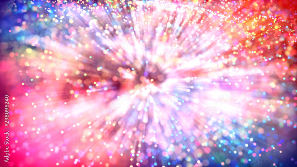 Abstract explosion of multicolored shiny particles or light rays like ...