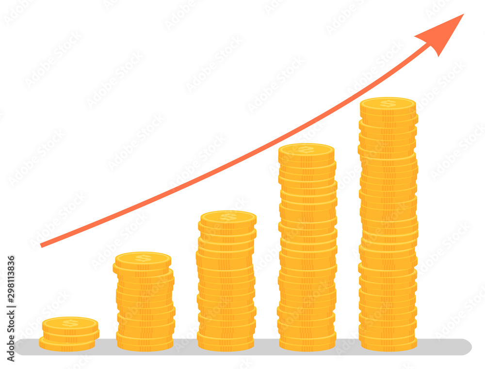 Profit increase graph, investment growth graphic. Coins stack and arrow ...
