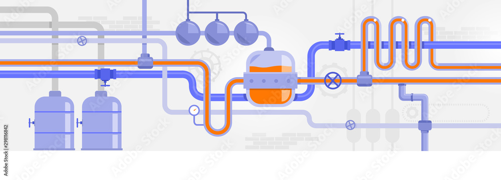 Background with tubes and pumps. Plant manufacturing process. Vector ...