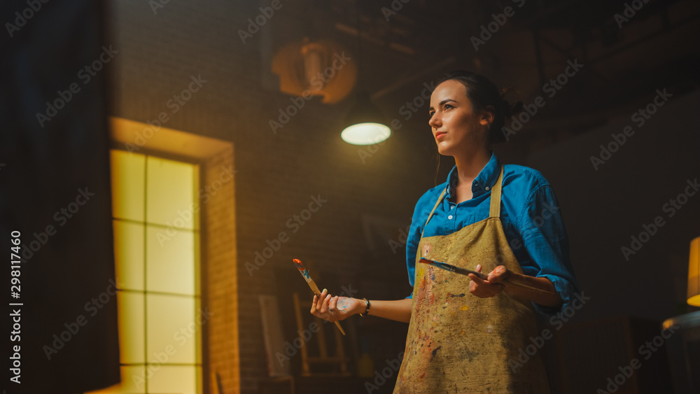 Talented Female Artist Drawing with Paint Brush Energetically, She ...
