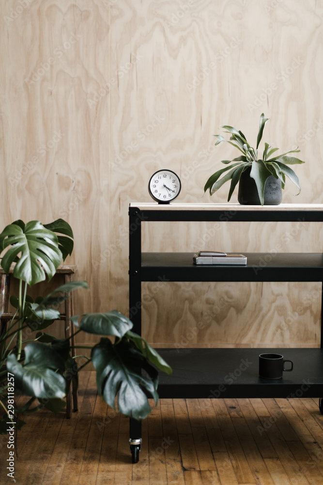 utility cart with plant and analog clock against plywood backdrop wall ...