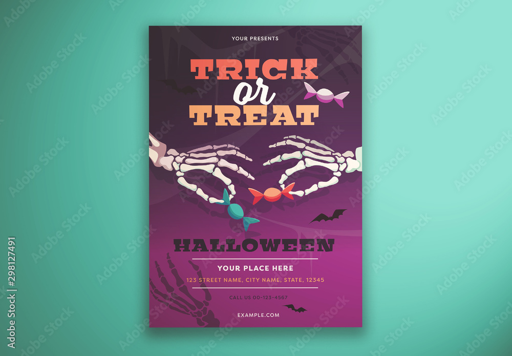Trick Or Treat Flyer Layout with Illustrated Skeleton Hands Stock ...
