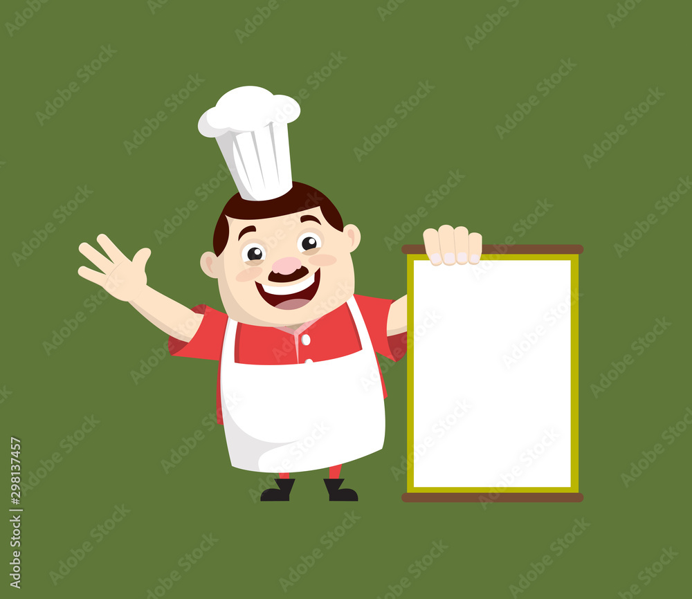 Cartoon Fat Funny Cook - Joyfully Presenting a Blank Board Stock Vector ...