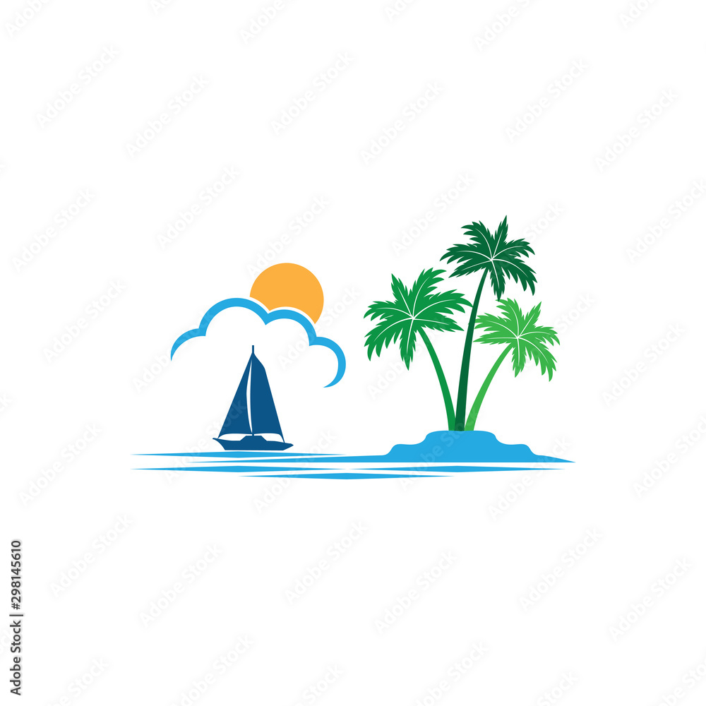 sailing boat in the horizon of sun and ocean with coconut tree summer ...