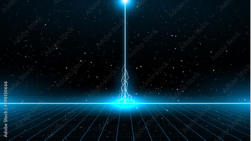 Retrowave sci-fi bright blue laser perspective grid with lightning ...