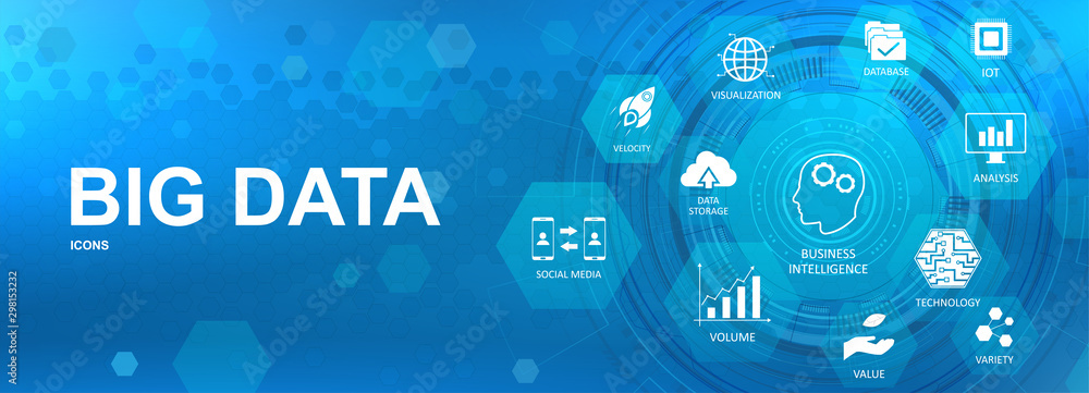 Big data info banner with icons, сoncept infographic in flat style. Big ...