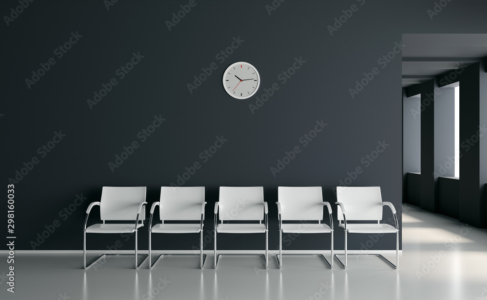 Waiting room space on dark corridor with large windows in clinic Stock ...