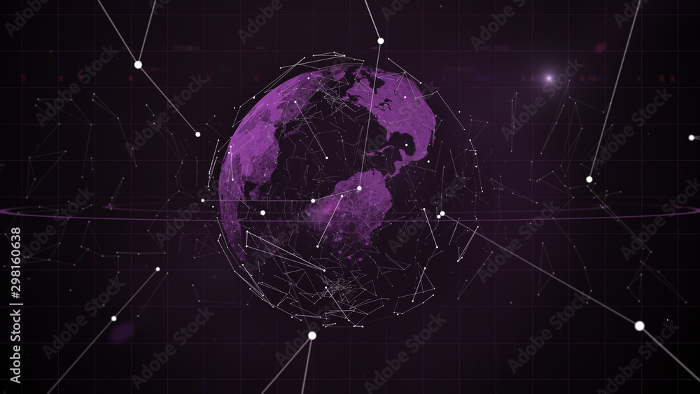 Blockchain network - Abstract connected dots on bright purple planet in ...