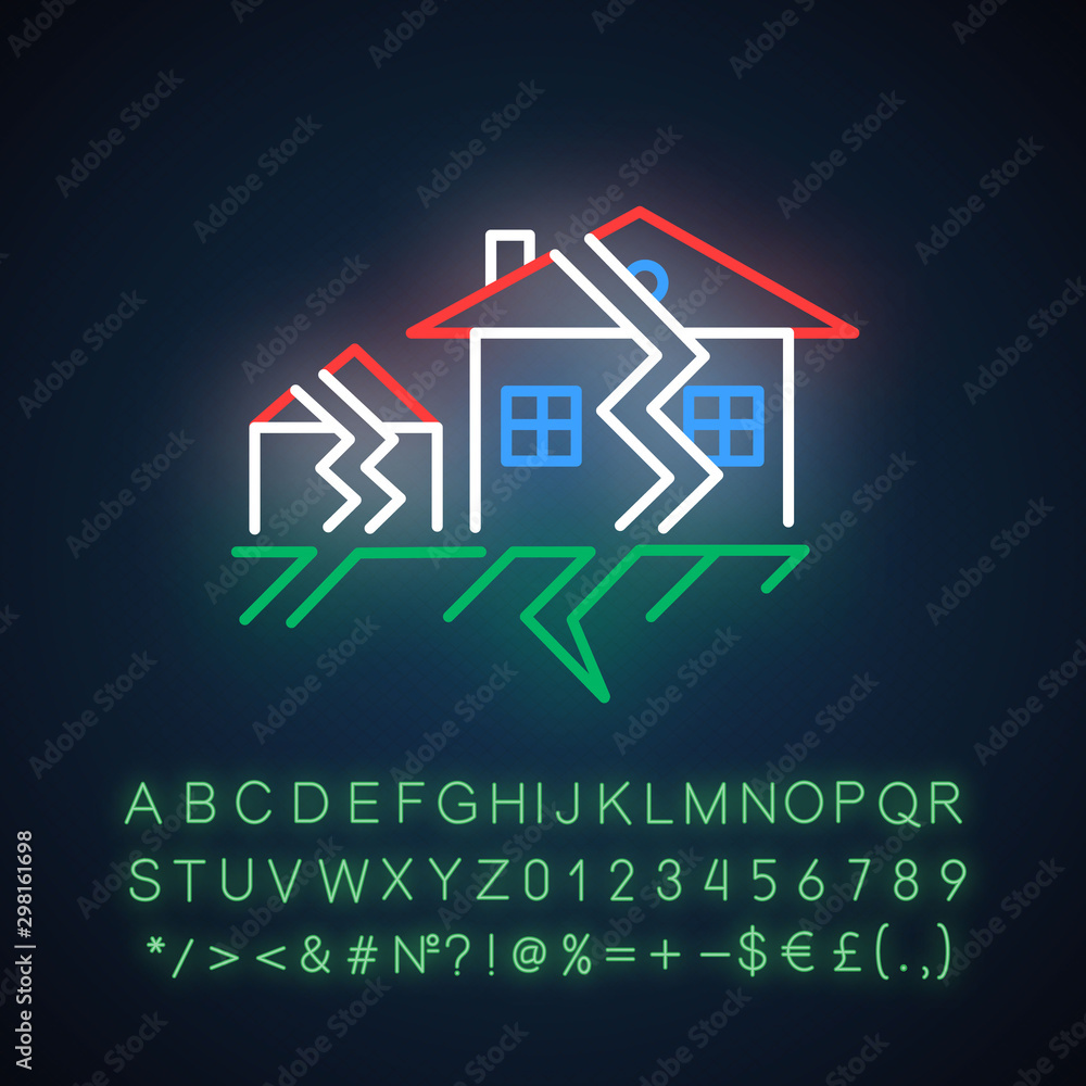 Earthquake neon light icon. Seismic activity. Temblor buildings ...