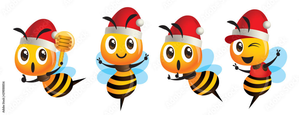 Merry Christmas! Cartoon cute bee mascot set. Cartoon cute bee wearing ...