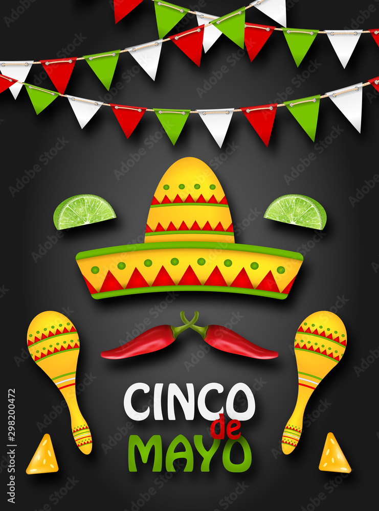 Holiday Background with Collection Mexican Colorful Symbols for Cinco ...