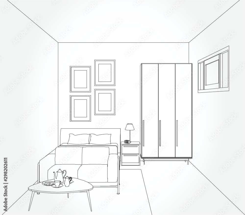 Linear sketch of an interior. Living room and bedroom drawing plan ...