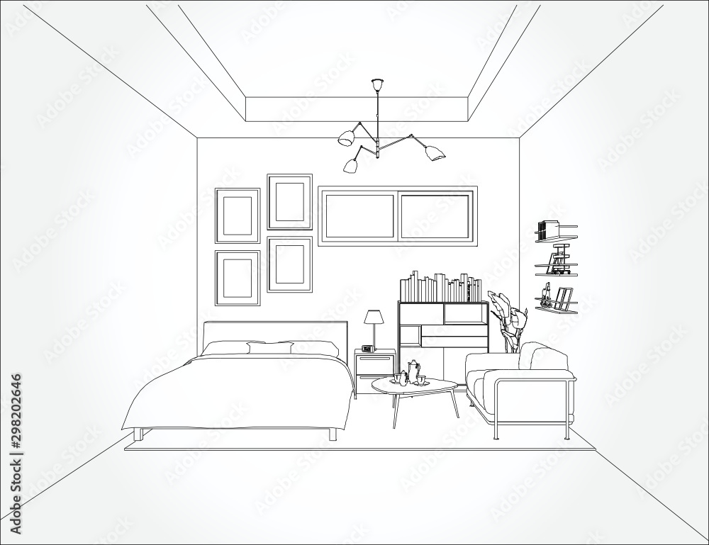 Linear sketch of an interior. Living room and bedroom drawing plan ...