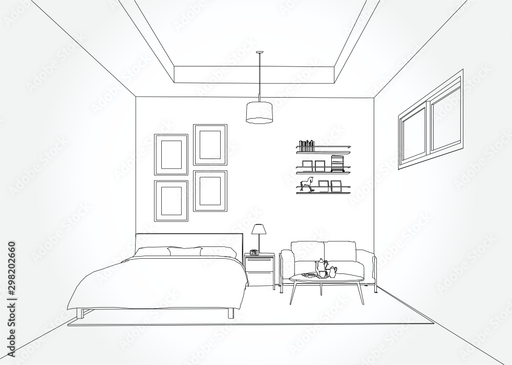 Linear sketch of an interior. Living room and bedroom drawing plan ...