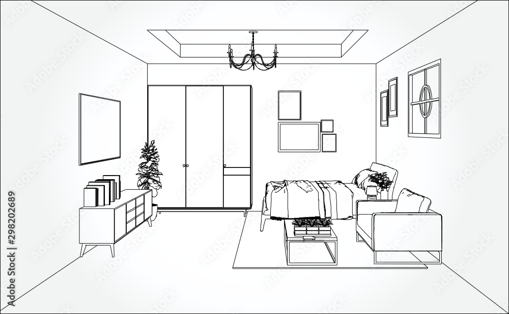 Linear sketch of an interior. Living room and bedroom drawing plan ...