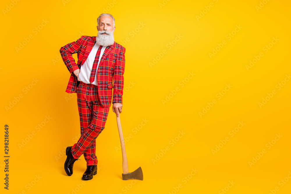 Full length photo of cool aged guy white beard holding ax hands play ...
