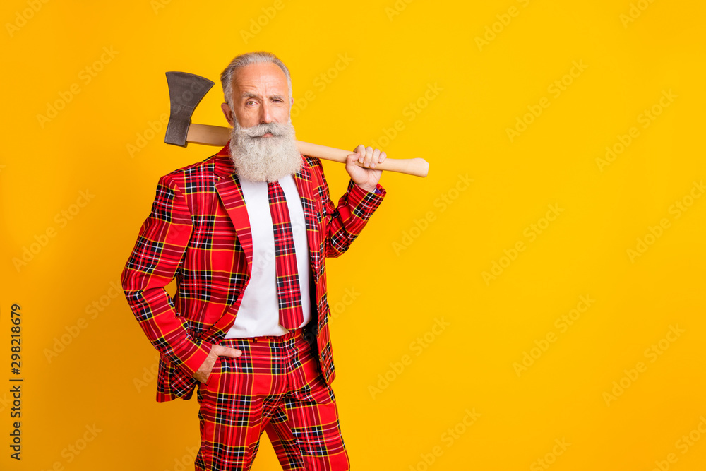 Photo of cool grandpa white beard holding big ax hands playing serial ...