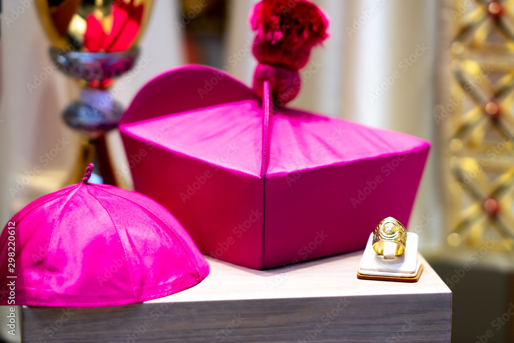 Purple biretta and galero, hats worn by Roman Catholic clergy Stock ...