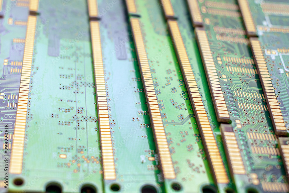 Computer technology background. A bunch of memory modules. Many random access memory is a close ...