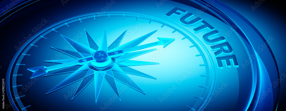X-ray compass with needle pointing to the word future - 3D illustration ...