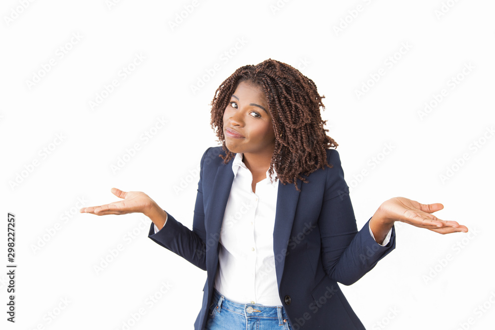 Confused office worker making clueless gesture. Young African American ...