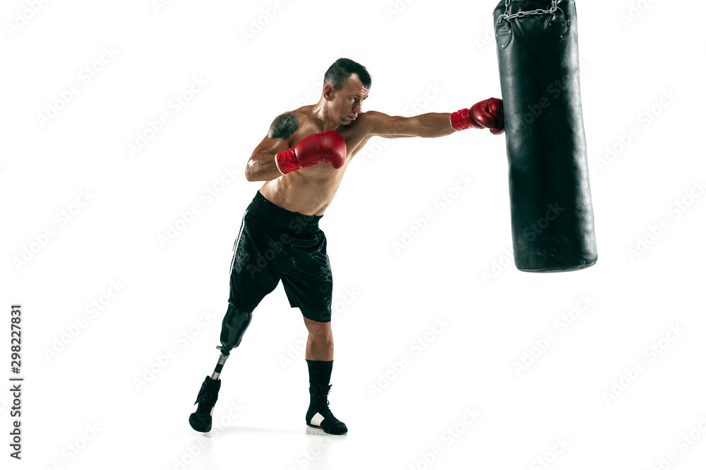 Full length portrait of muscular sportsman with prosthetic leg, copy ...