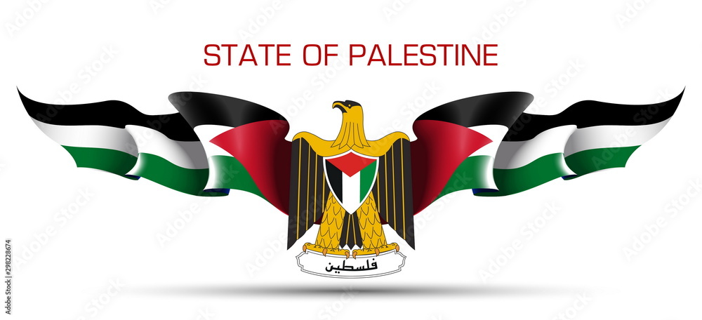 patriotic poster with flag and coat of arms of Palestine. Nation Stock ...