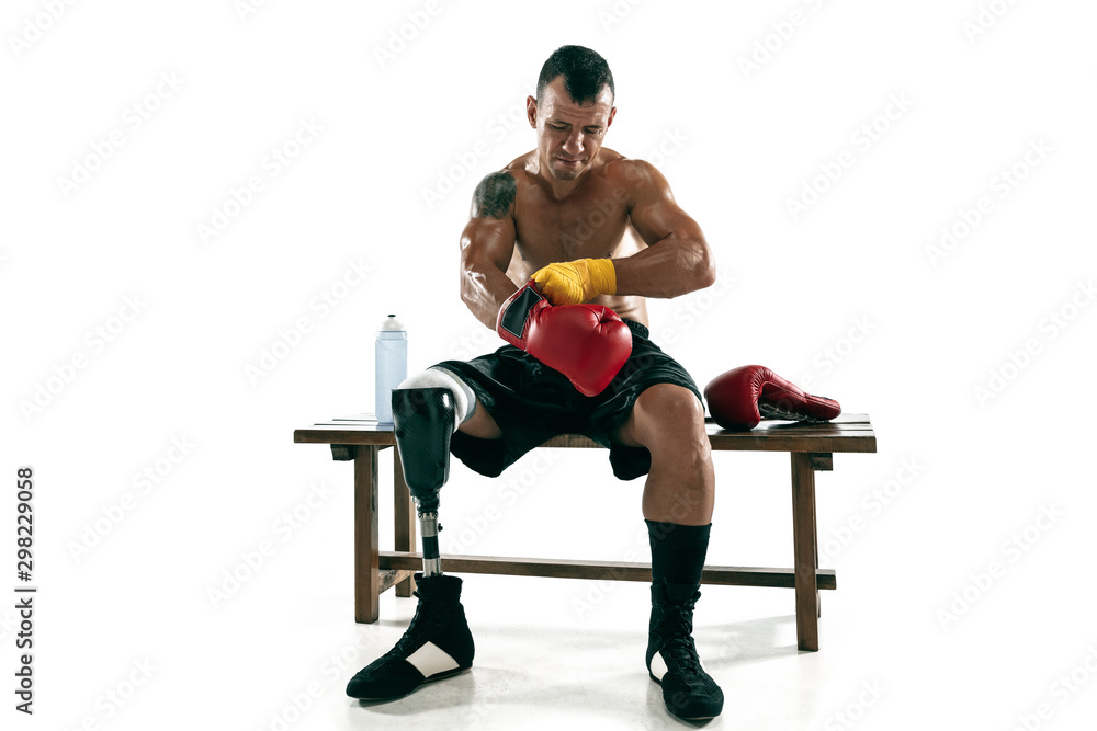 Full length portrait of muscular sportsman with prosthetic leg, copy ...